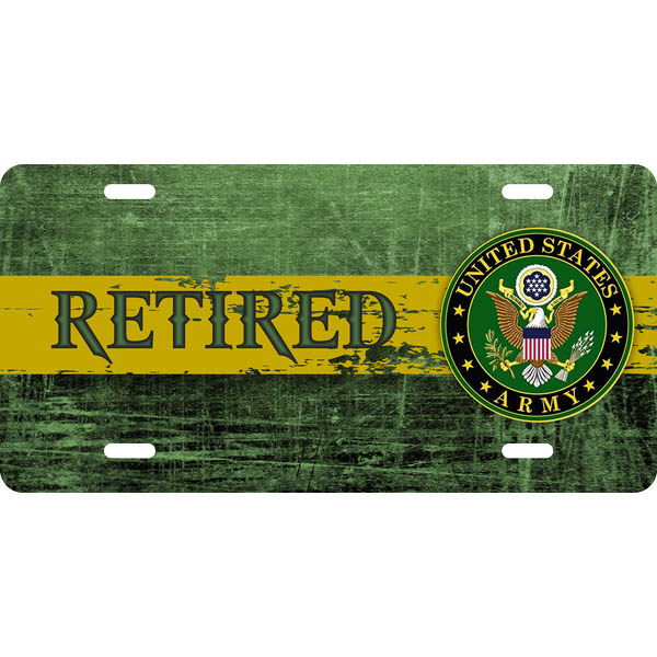 Retired with United States Army Crest Full Color Metal License Plate